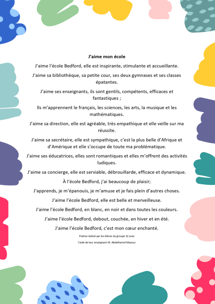 Poème – J'aime mon école | École Bedford